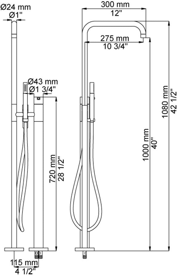 Vola FS1 Free Standing Bath Mixer w Hand Shower - Panik Design